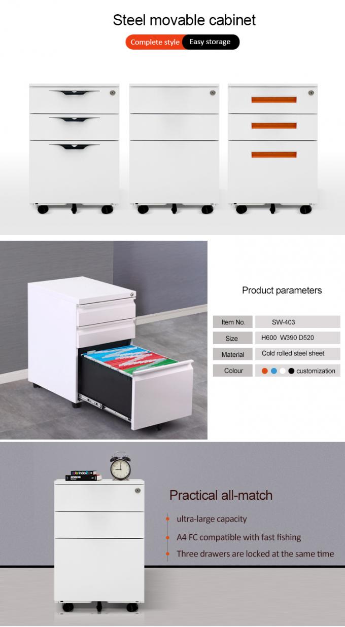 3 Drawers A4 Folder Mobile Metal File Storage Cabinet With Long Handle